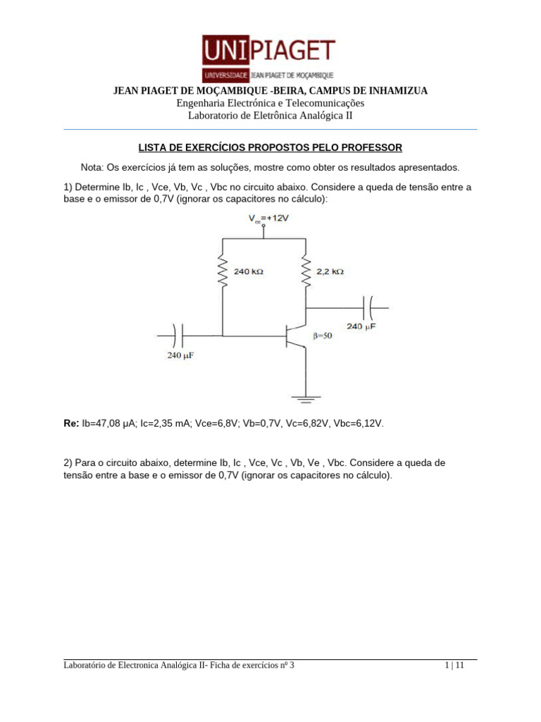 Ficha de Exercicios - Transistores | PDF | Eletrônicos | Rede elétrica
