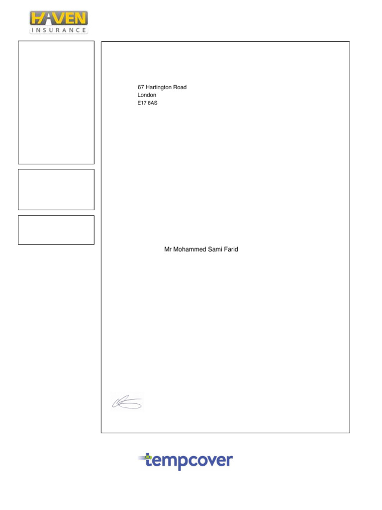 Certificate of Motor Insurance For Haven Policy TCV-MOT-20164920 3-1 ...