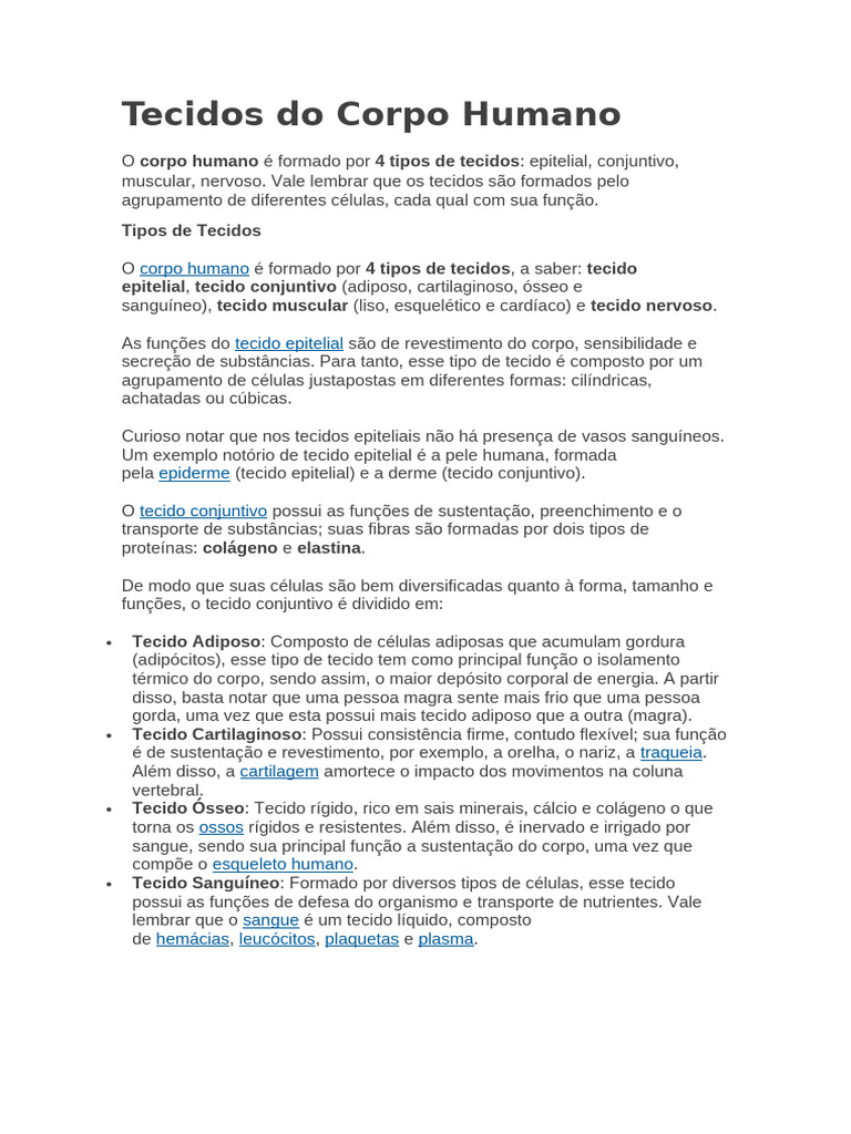 Tipos de Tecidos do Corpo Humano | PDF | Músculo | Tecido conjuntivo