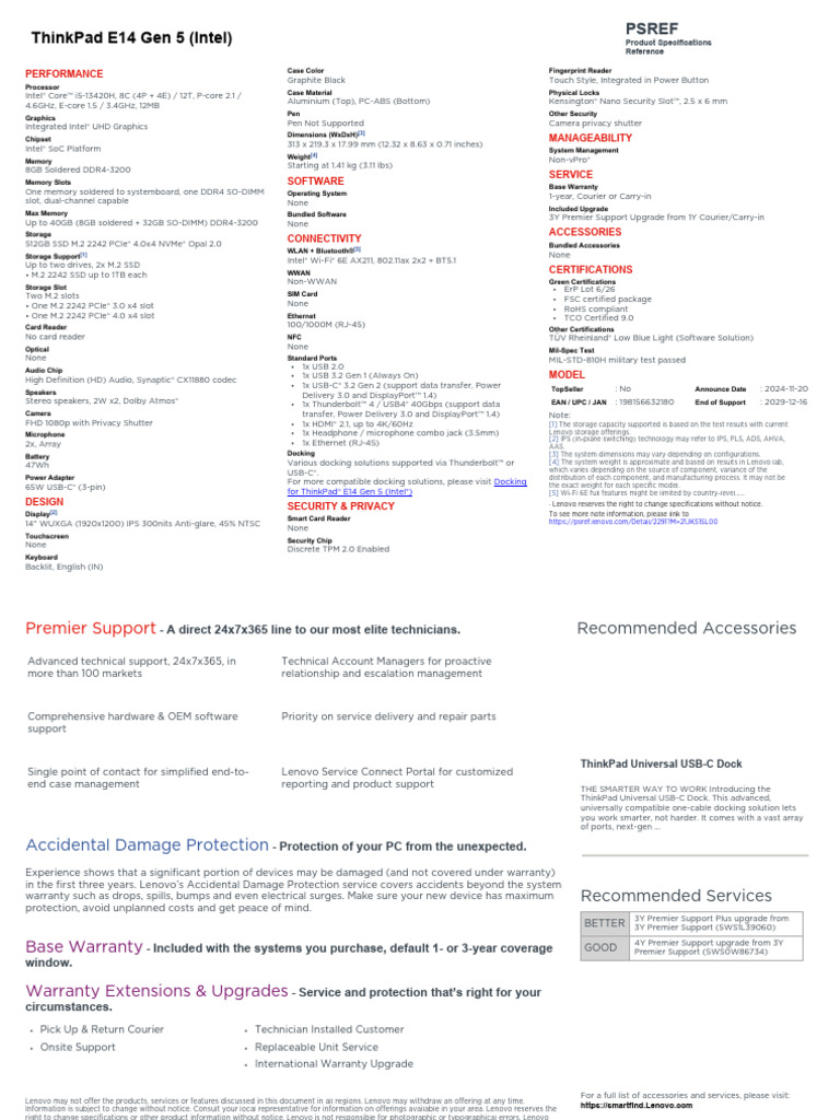 ThinkPad E14 Gen 5 Intel 21JKS1SL00 | PDF | Consumer Electronics | Computer Hardware