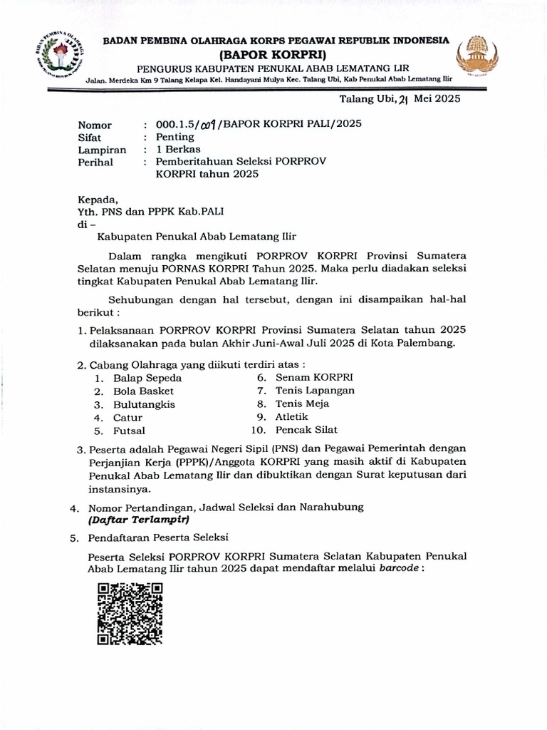 Surat Pemberitahuan Seleksi Bapor 2025 | PDF