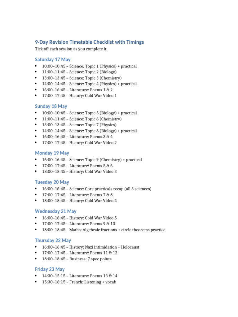 9 Day Revision Timetable Checklist With Timings | PDF