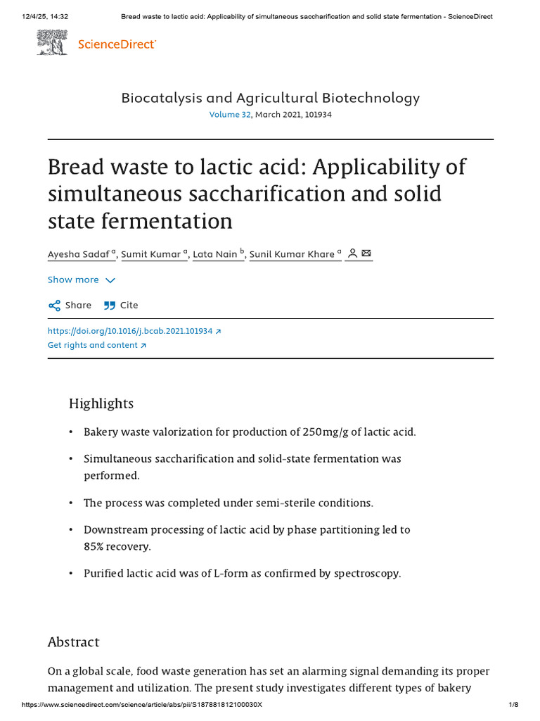 Bread Waste To Lactic Acid - Applicability of Simultaneous Saccharification and Solid State ...
