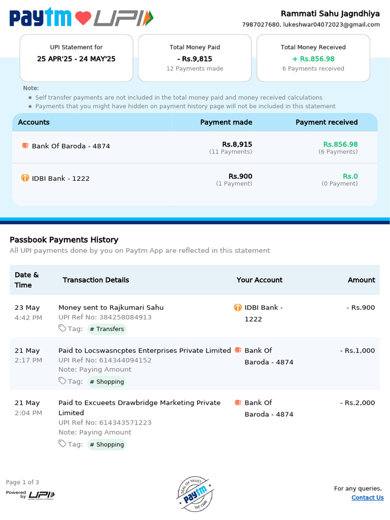Paytm UPI Statement 25 Apr'25 - 24 May'25 | PDF | Financial Technology ...