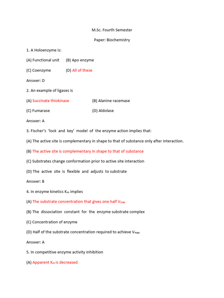 M.sc. 4 Sem. Biochemistry MCQ | PDF | Nucleotides | Glycolysis