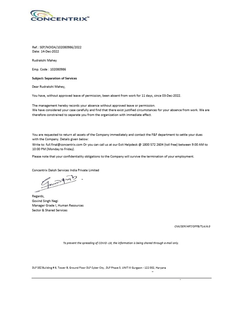102080986.14122022 - Seperation Letter Concentrix | PDF
