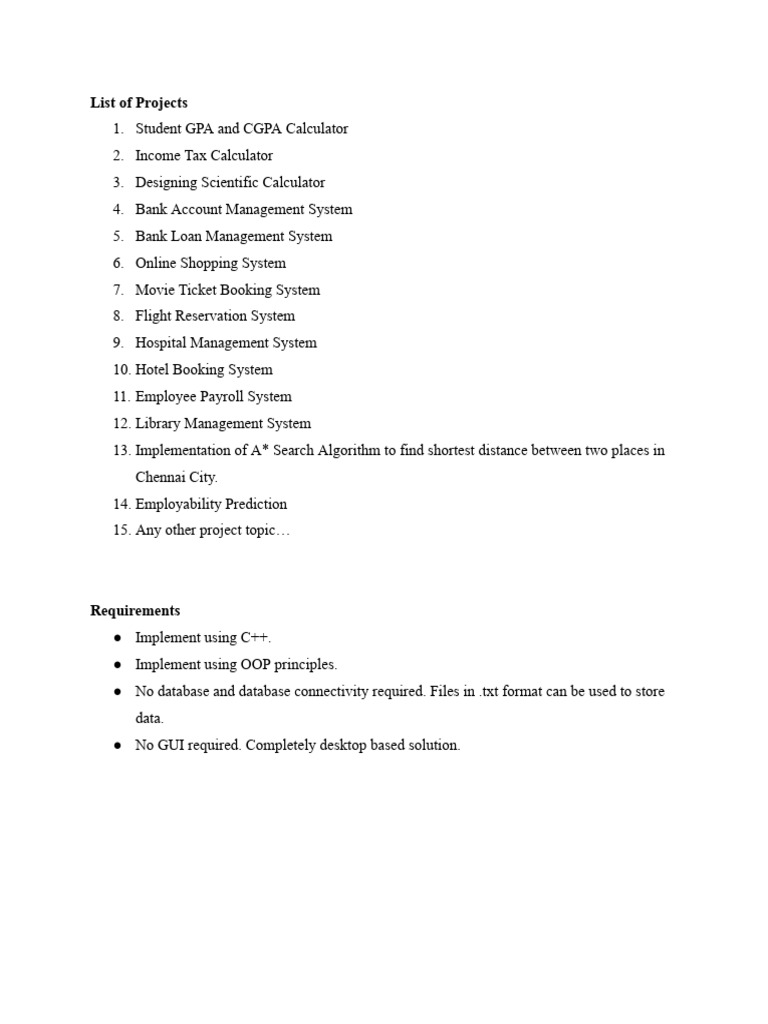 C++ OOP Project Ideas List | PDF