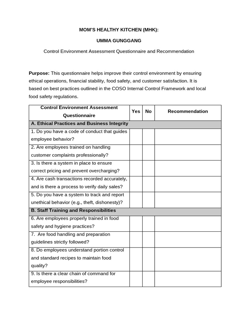 Control Environment Assessment Questionnaire | PDF | Food Safety | Safety