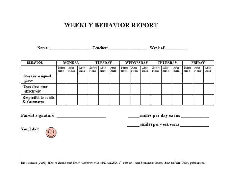 Weekly Behavior Report Template | PDF