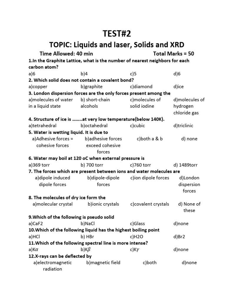 Liquids, Solids, and Laser Concepts Quiz | PDF | Laser | Intermolecular ...
