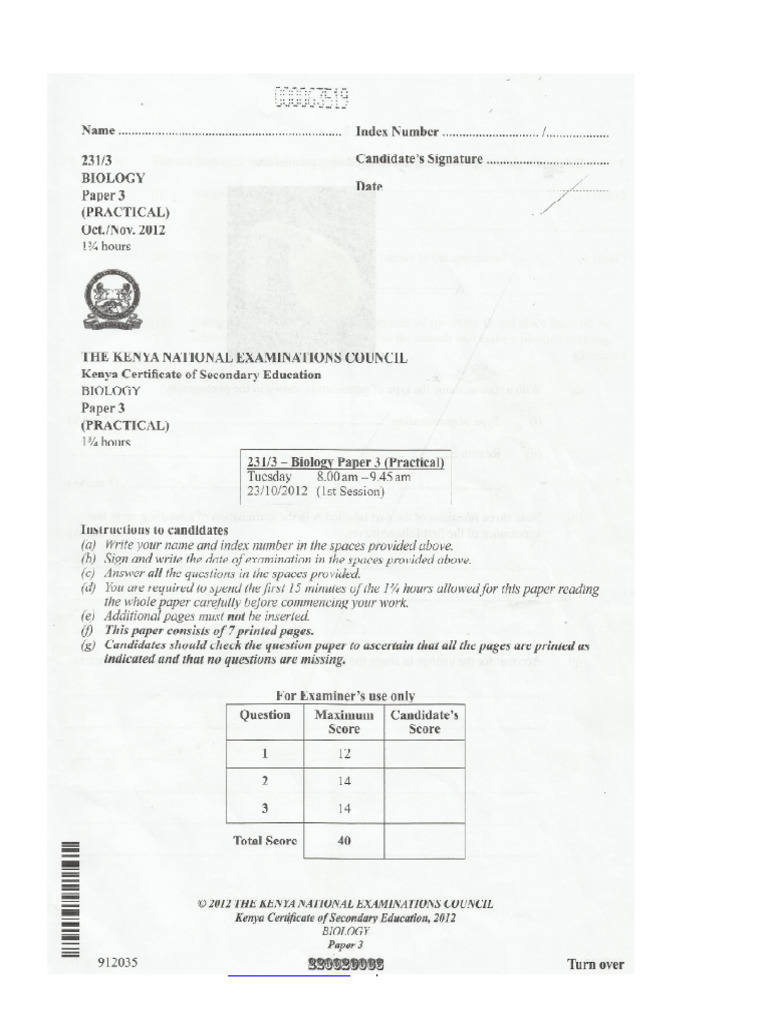 2012 KCSE BIOLOGY PRACTICAL PAPER 3 | PDF