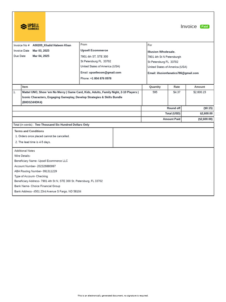 Invoice A00209 - Khalid Haleem Khan Upsell Ecommerce Illusion Wholesale | PDF
