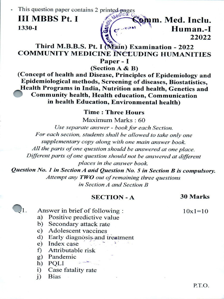 IIIrd MBBS Part I Main 2022 Community Medicine Including Humanities | PDF