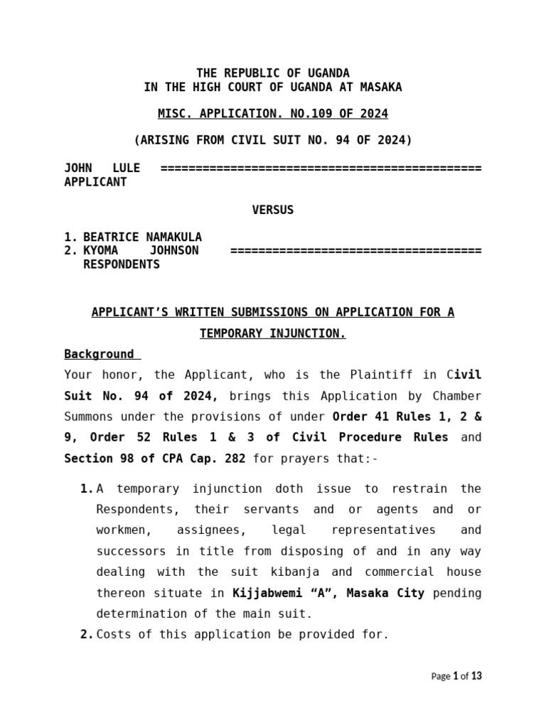Submissions For Temporary Injunction-John Lule.1 | PDF | Lawsuit | Injunction