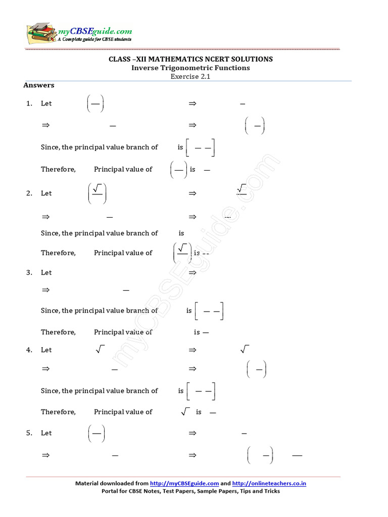 12 Mathematics Ncert ch02 Inverse Trigonometric Functions 2.1 Sol | PDF | Trigonometric ...