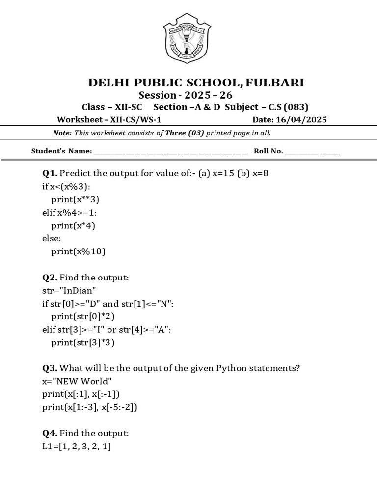 XII CS Worksheet 01 | PDF