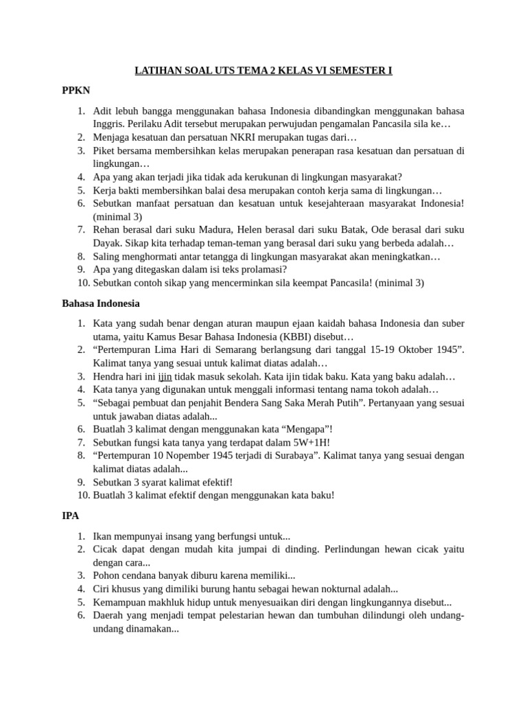 Latihan Soal Uts Tema 2 Kelas Vi Semester i | PDF