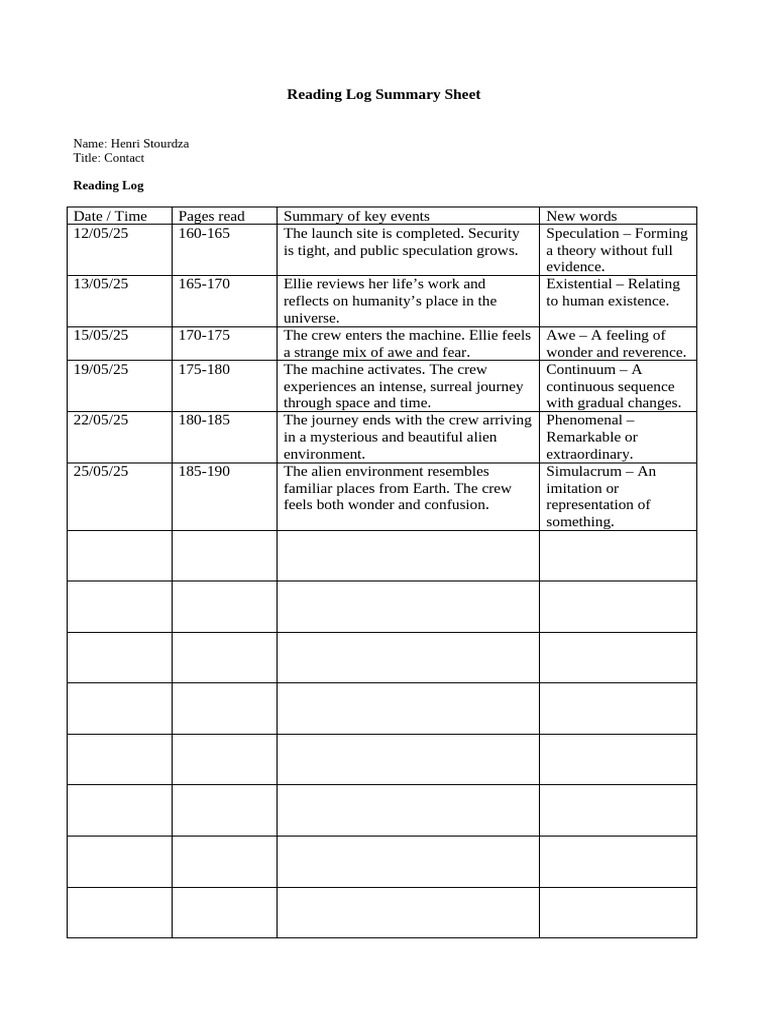Copie de Henri STOURZDA - Reading Log Summary Sheet | PDF