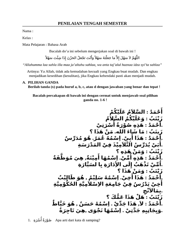 Soal Penilaian Tengah Semester Bahasa Arab KLS 4 | PDF