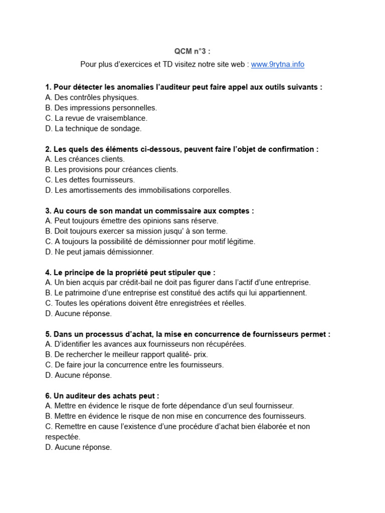 QCM et études de cas en audit | PDF | Bilan comptable | Audit