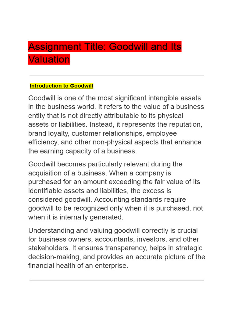 Goodwill Valuation Explained | PDF | Goodwill (Accounting) | Valuation ...