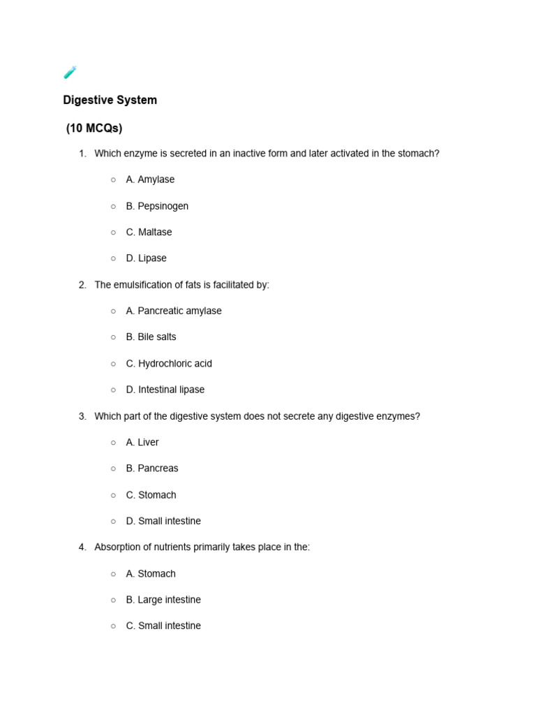 Digestive, Respiratory, Excretory MCQs | PDF | Digestion | Circulatory ...