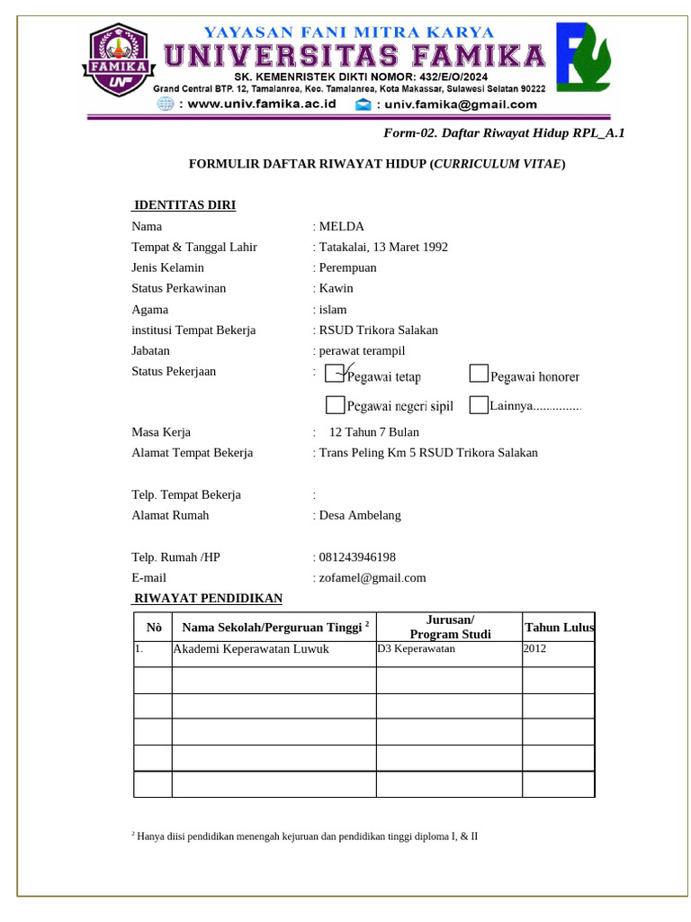 Formulir Daftar Riwayat Hidup Tipe A.1 | PDF