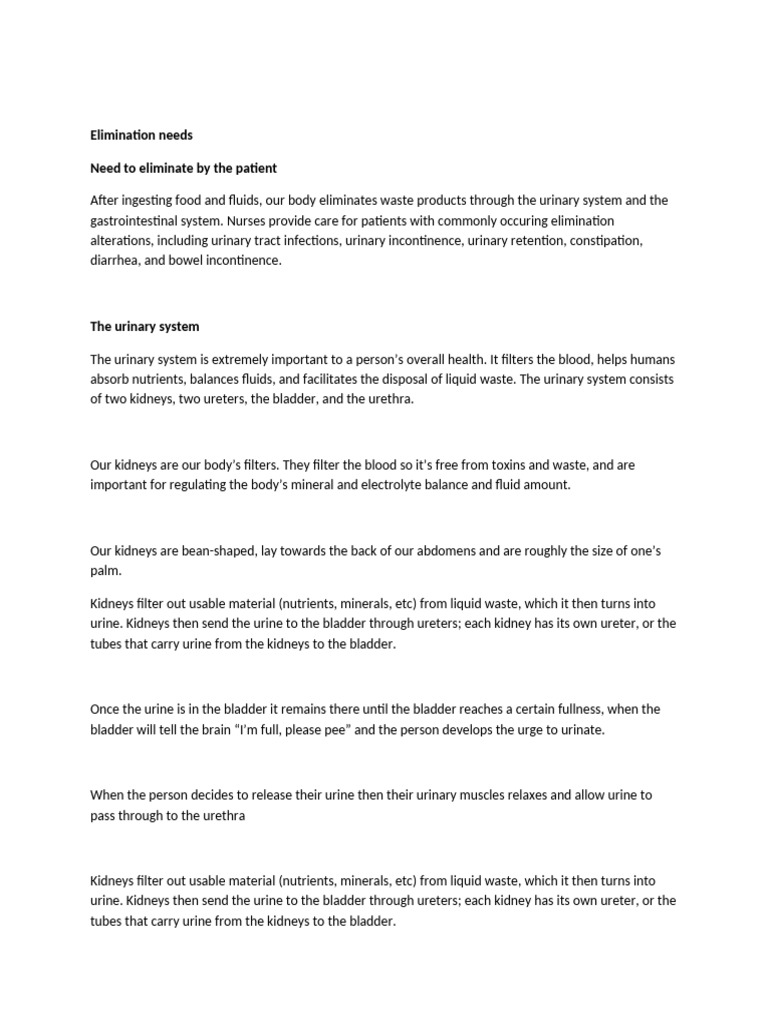 Medical Nursing Elimination Needs by Patients WSP | PDF | Urinary ...
