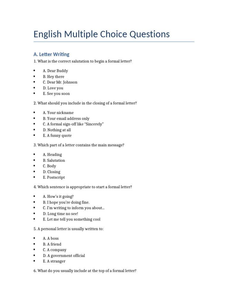 English Multiple Choice Questions | PDF