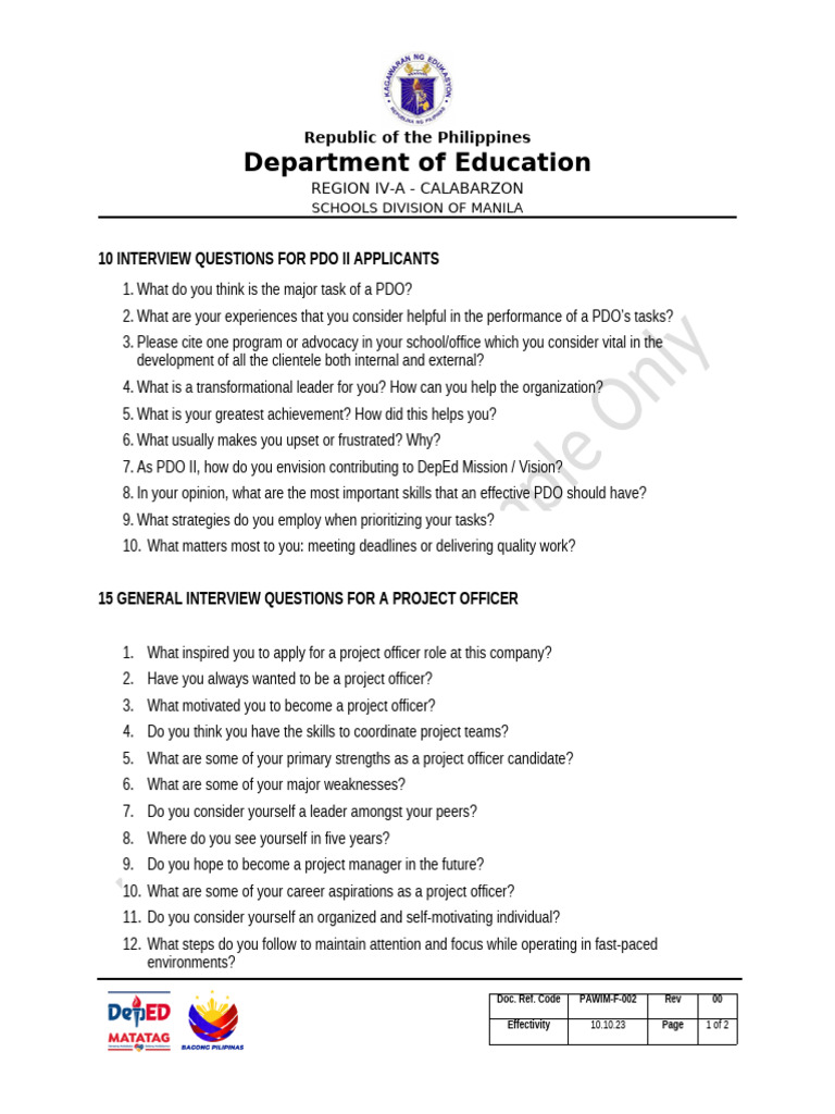 PDO II and Project Officer Interview Questions | PDF | Social ...