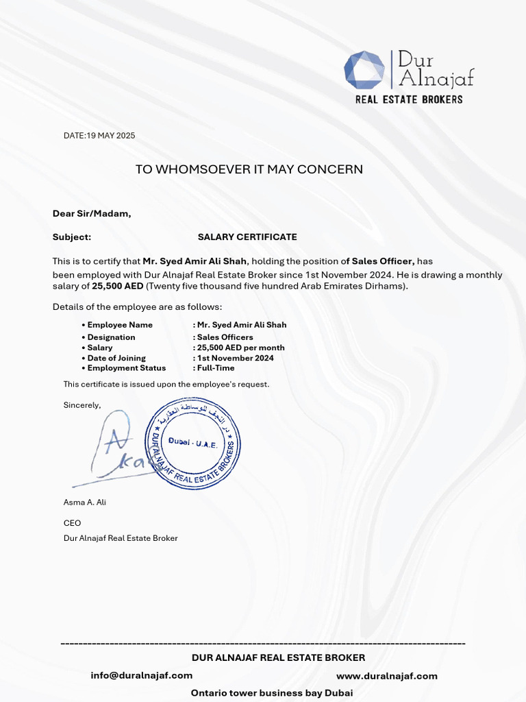 Salary Certificate for Mr. Syed Amir Ali Shah | PDF