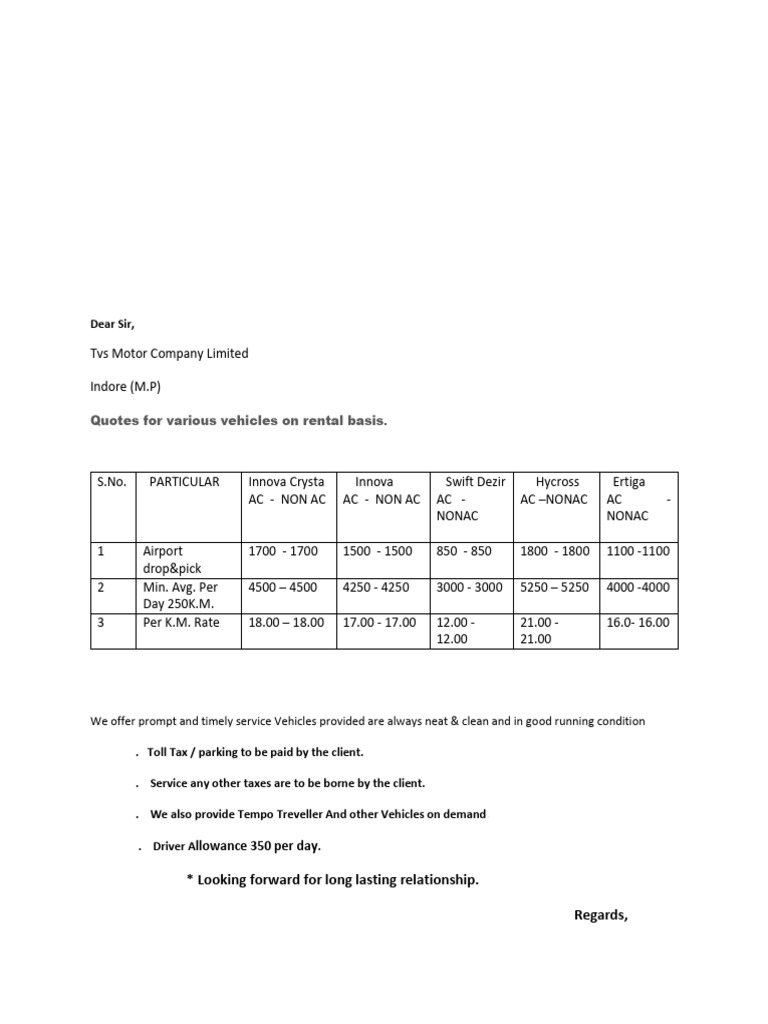 Vehicle Rental Quotes from Tvs Motor | PDF