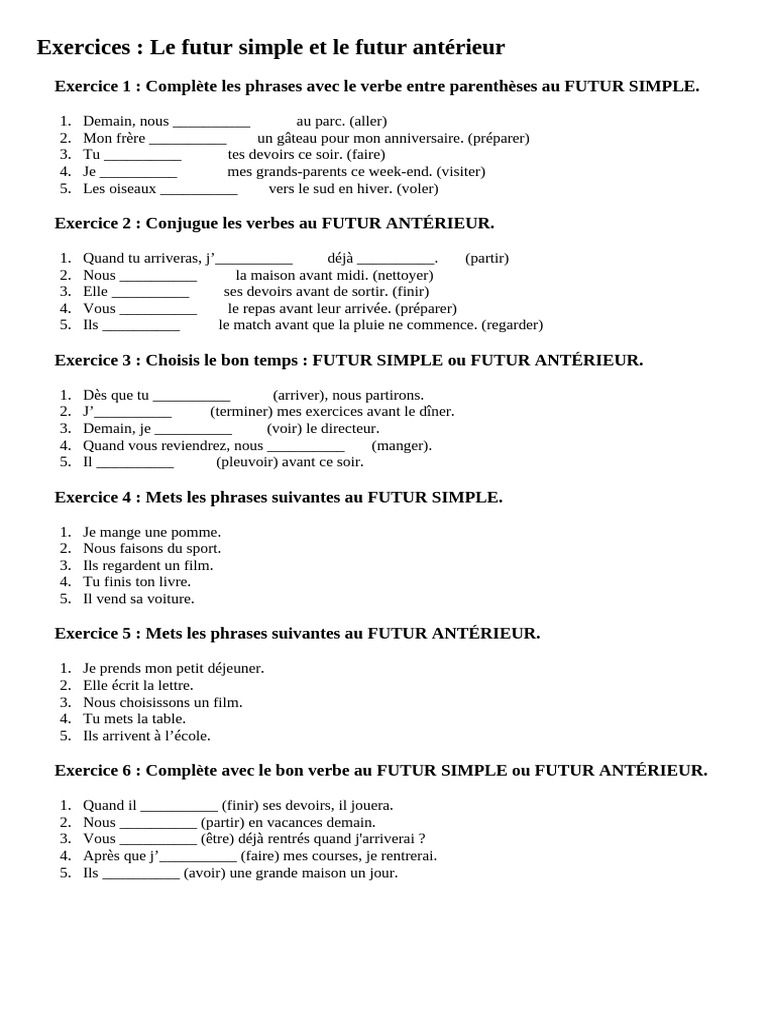 Exercices sur le Futur Simple et Antérieur | PDF | Verbe