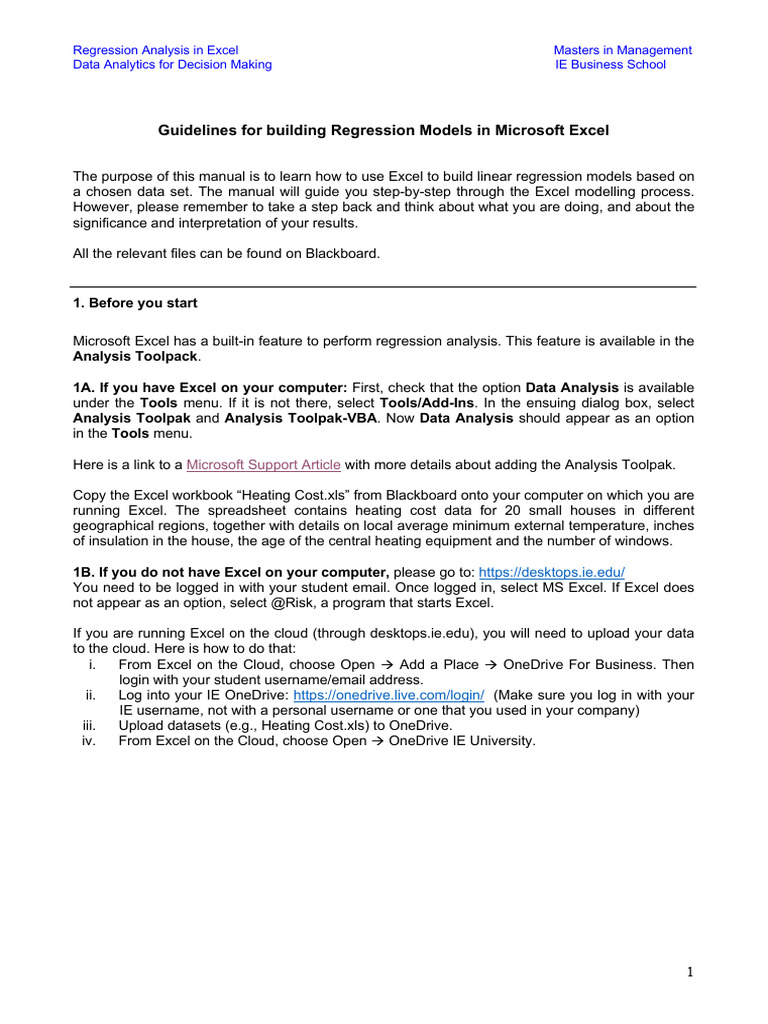 Guideline For Regression Models in Microsoft Excel | PDF | Errors And Residuals | Regression ...