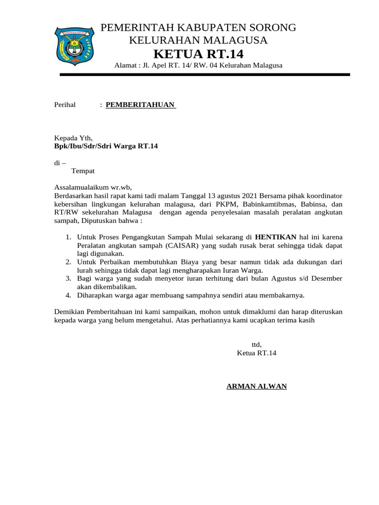 Surat Pemberitahuan Ke Warga | PDF