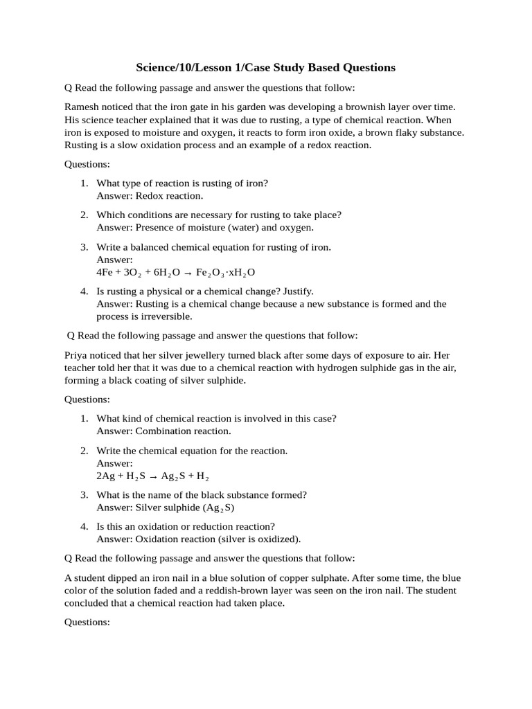 Science 10 Lesson 1 Case Study Based Questions | PDF | Redox | Rust
