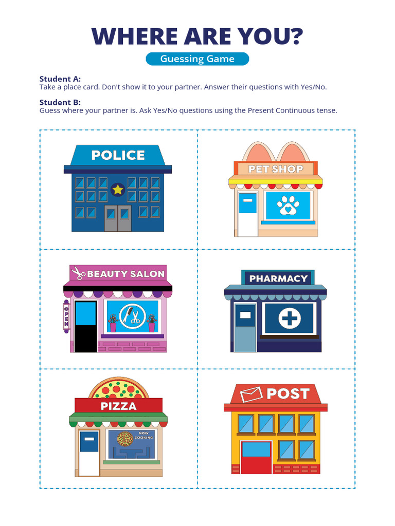 Places & Present Continuous Guessing Game Worksheet in Colorful Simple ...