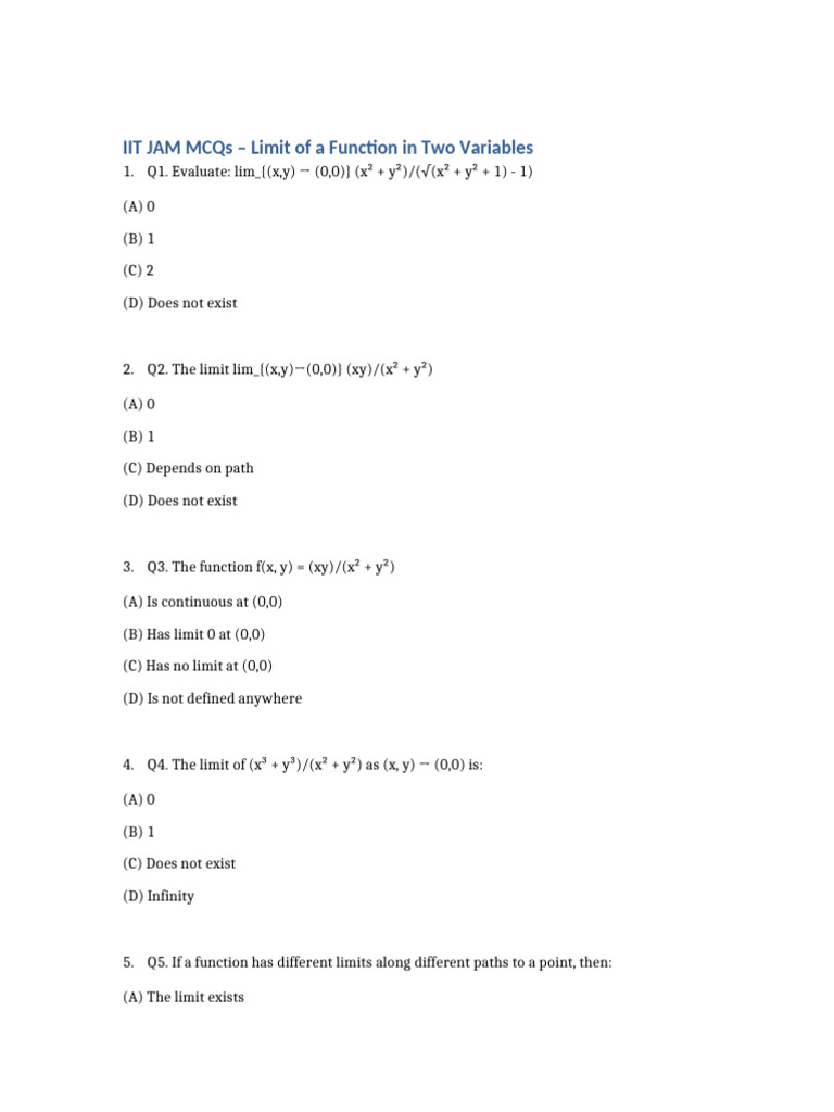 IIT JAM Limit Two Variables MCQs | PDF