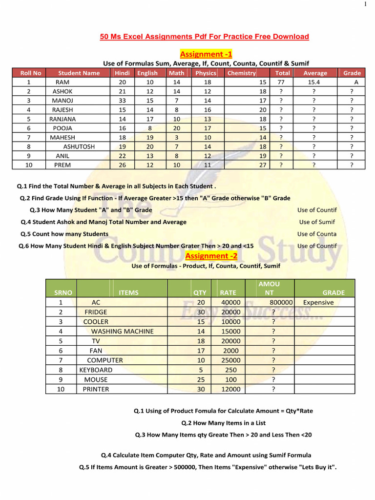 Ms Excel Assignments PDF For Practice | PDF