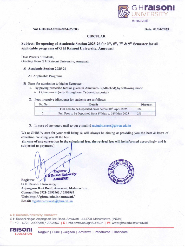 Reopening Letter 2025-26 For Early Bird Concession AMT | PDF