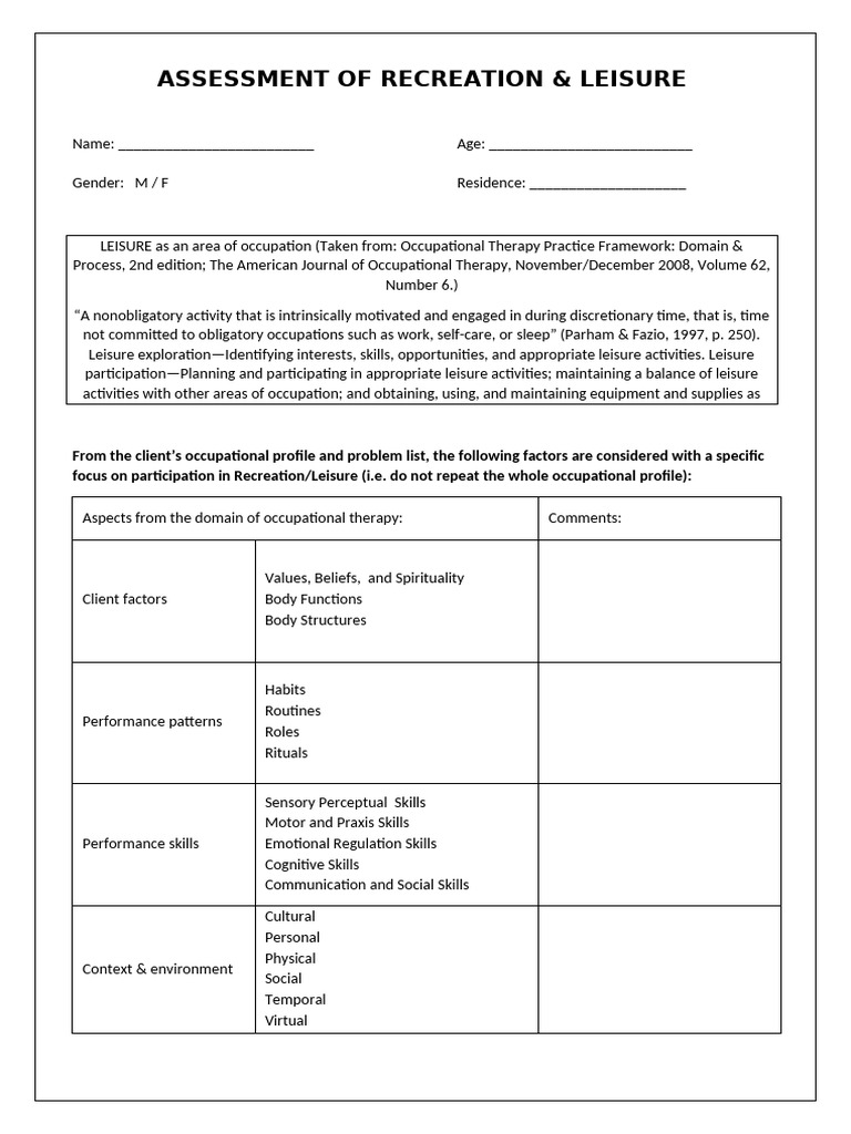 Recreation and Leisure Assessment ADAPTED | PDF | Occupational Therapy ...