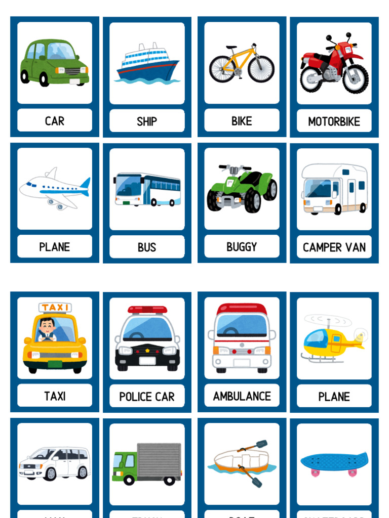 Transportation Vocabulary Flashcards in Blue Watercolor Style (1) | PDF
