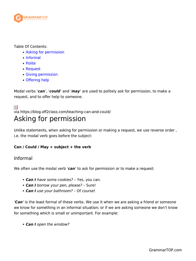 Modal Verbs For Permission, Requests and Offers | PDF | Verb | Linguistic Typology