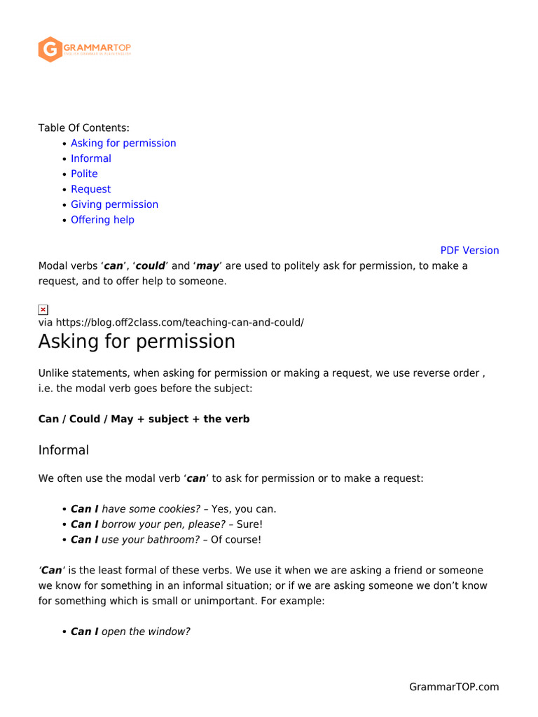 Modal Verbs For Permission, Requests and Offers | PDF | Verb | Linguistics