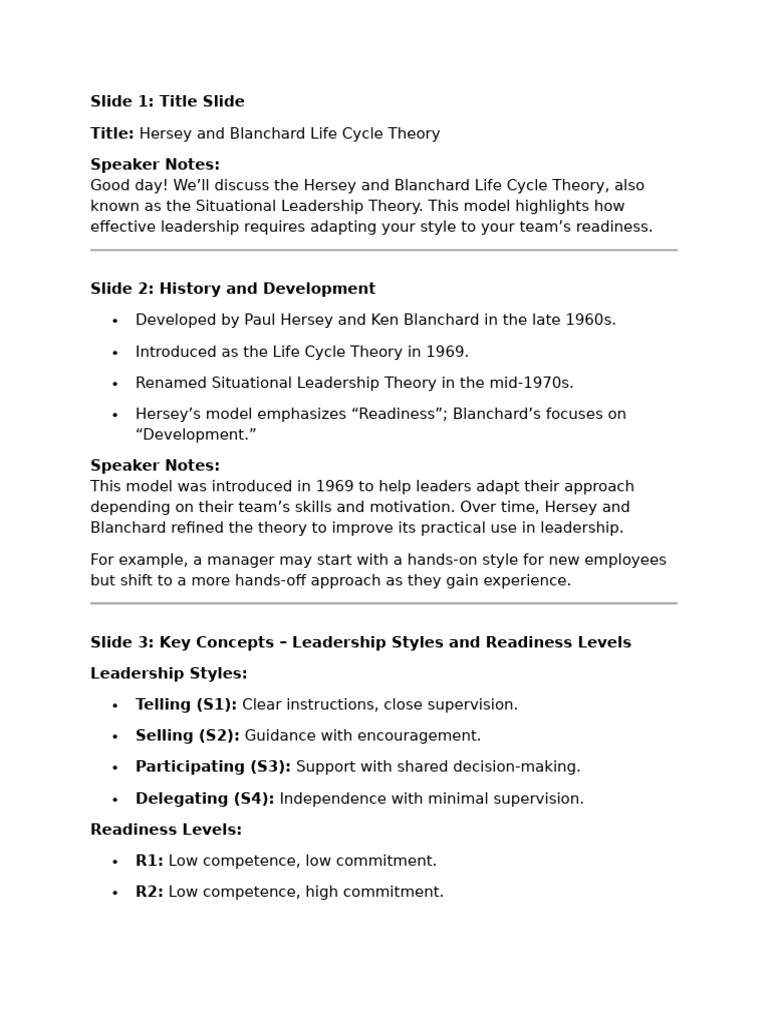 Script SHORT - Hersey and Blanchard Life Cycle Theory | PDF | Social ...