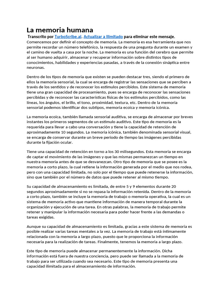 Tipos y funciones de la memoria humana | PDF | Memoria | Memoria de trabajo