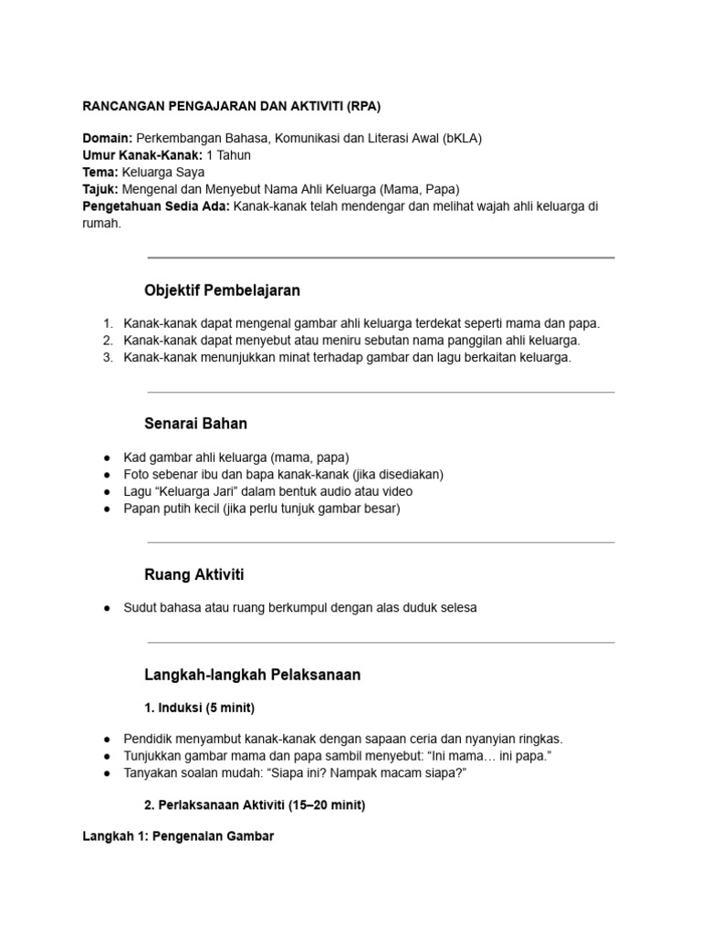Contoh RPA Perkembangan BKLA 1 | PDF
