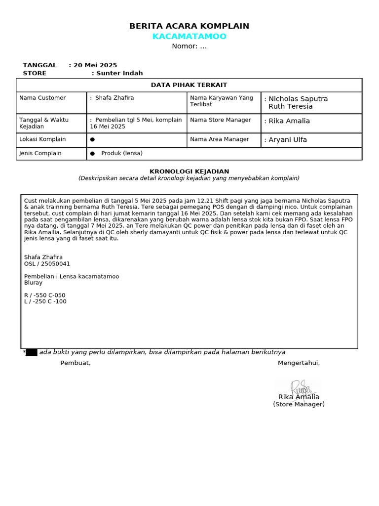 Berita Acara Komplain Sunter Indah | PDF