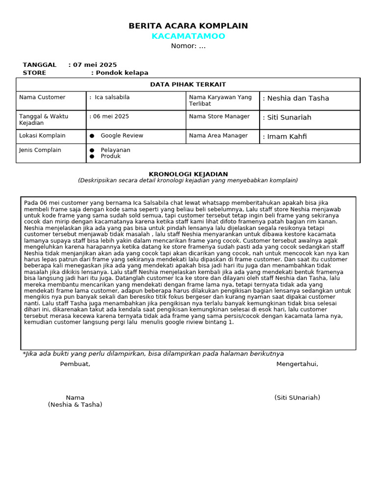 Berita Acara Komplain - For Store-1 | PDF