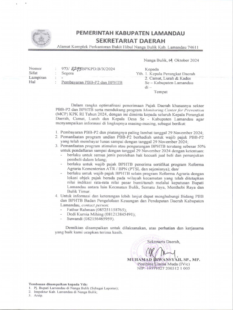 Surat Tentang Pembayaran PBB-P2 Dan BPHTB 2024 | PDF